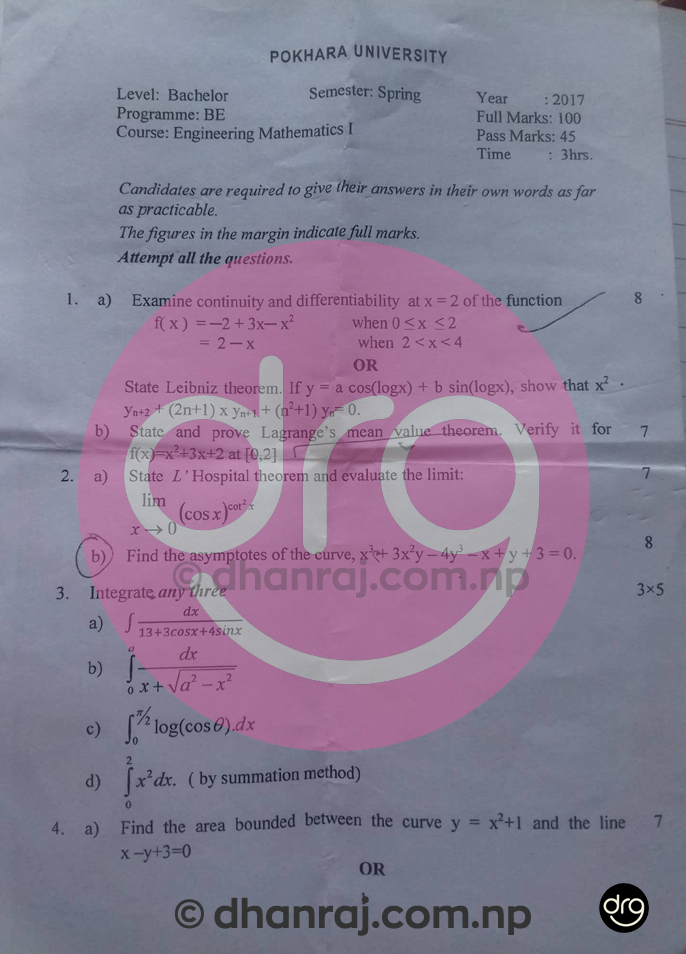 Engineering Mathematics I | Question Paper | 2017 | Spring Semester ...