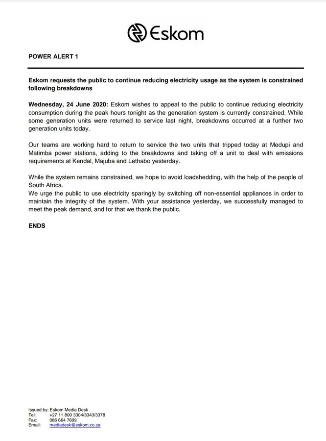 SOUTH AFRICA - ESKOM ISSUES POWER ALERT ASKING CONSUMERS TO USE ...