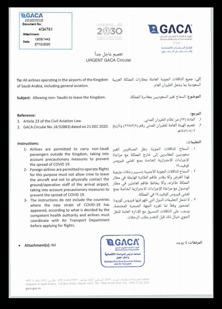 GACA allows to operate departure Flights for Non-Saudis (Expatriates ...