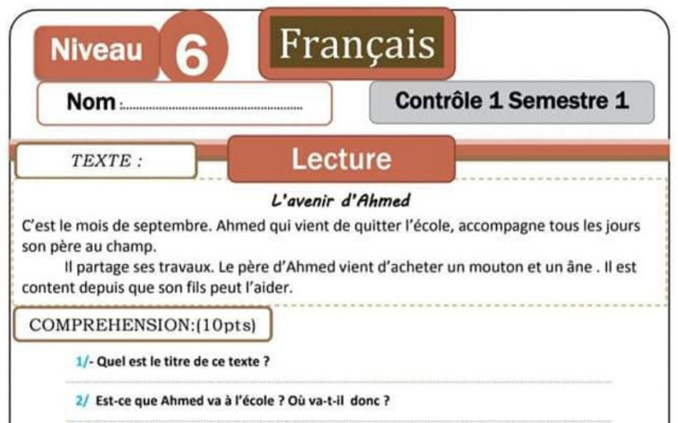 الفرض الأول المرحلة الأولى اللغة الفرنسية السادس ابتدائي 2020