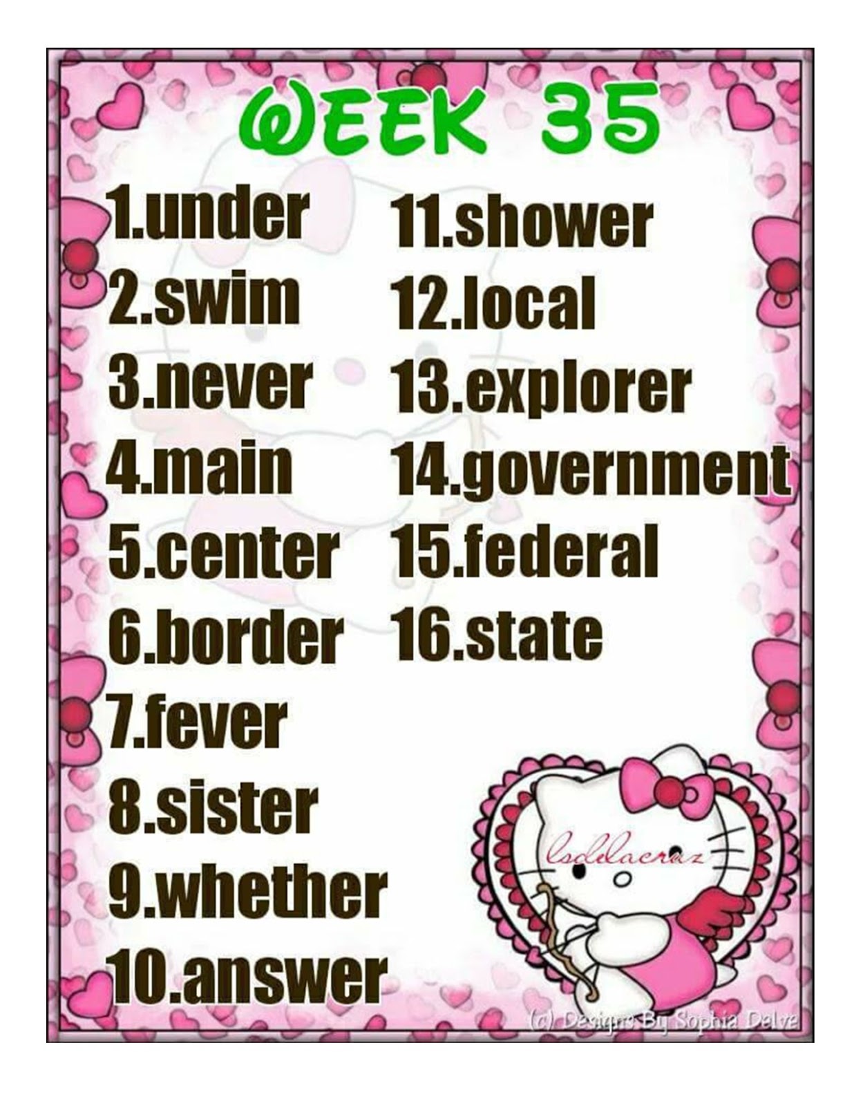 Hello Kitty Spelling List PDF - The Teacher's Craft