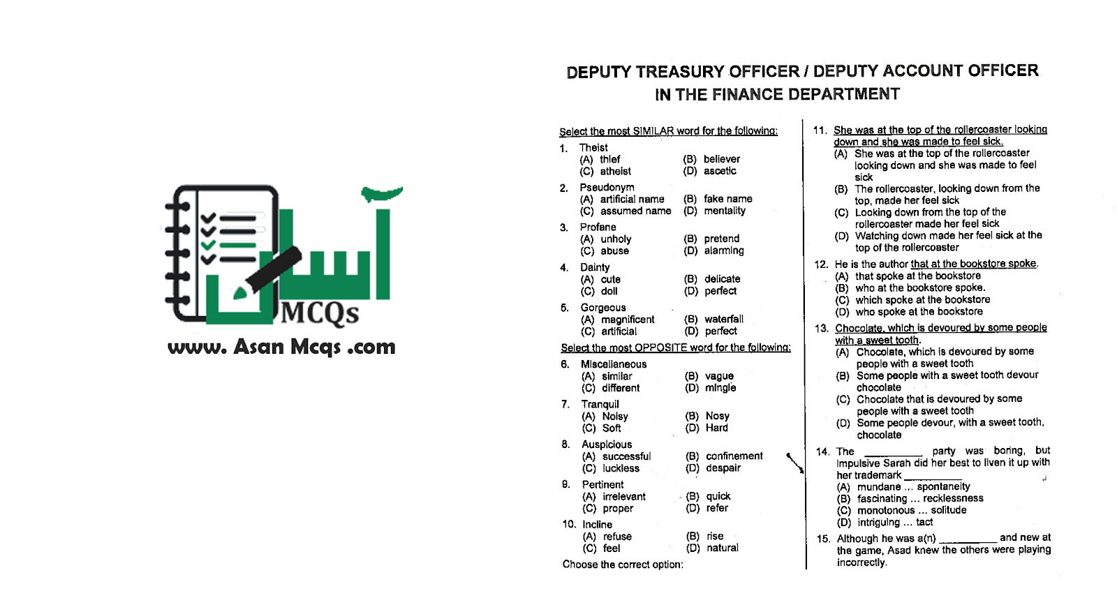 PPSC Deputy Accountant Past Paper | Punjab Treasury & Accounts Service ...