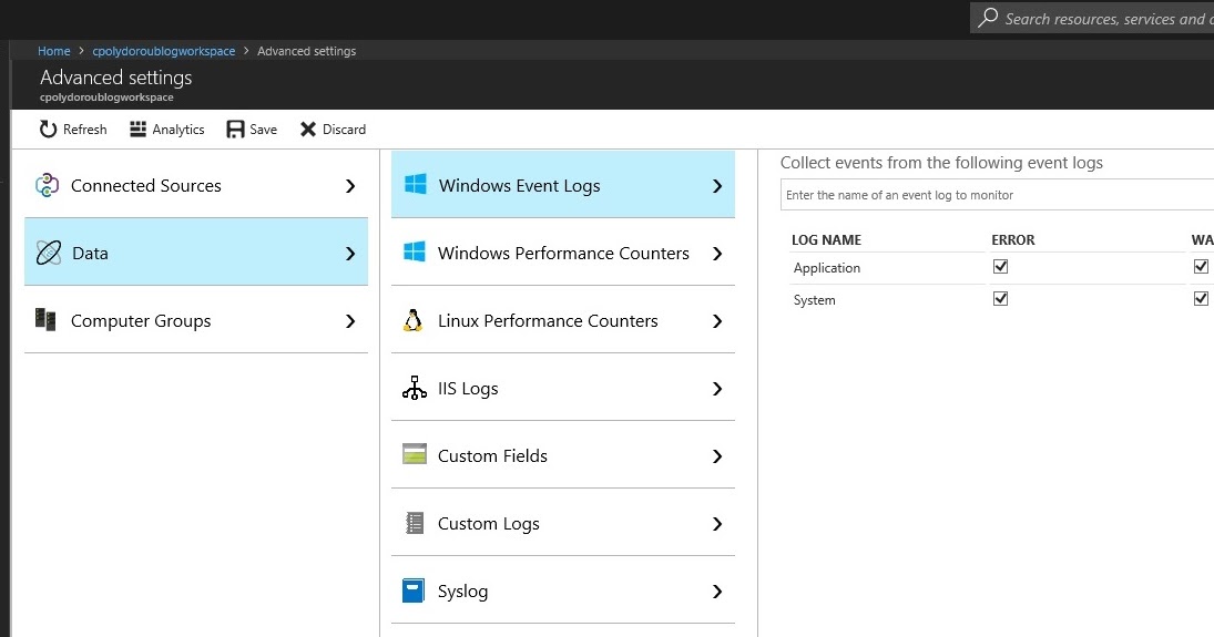 Configuring Log and Performance Counter collection on the OMS Workspace