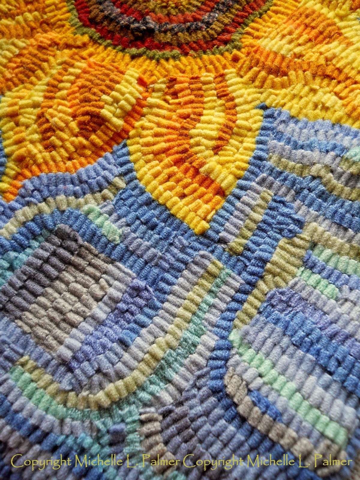 Michelle Palmer: Sunflower in the pumpkin patch hooked rug~