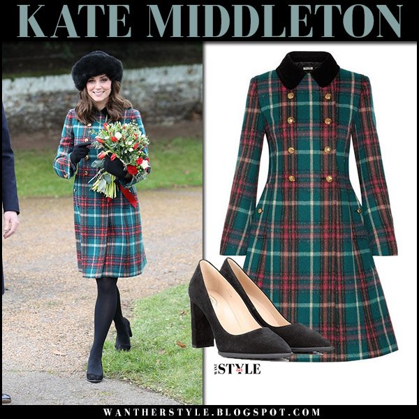 Kate Middleton in green plaid coat and black pumps at royal family ... Kate Middleton in green plaid coat and black pumps at royal family ...