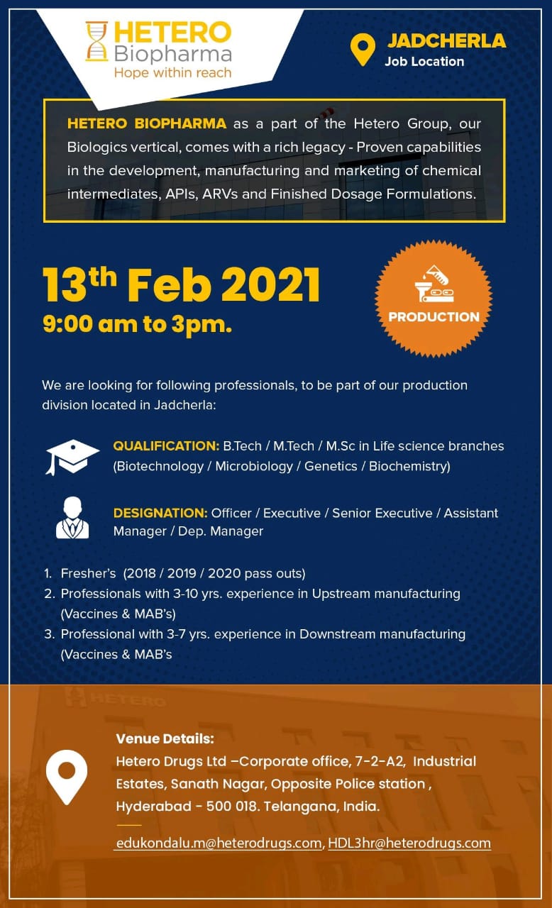 Walk In interview for production @ Hetro Biopharma on 13 Feb ...