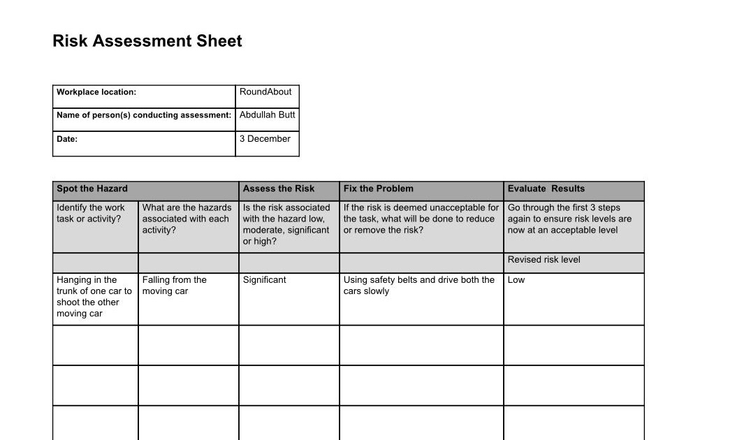 Risk Assessment Sheet