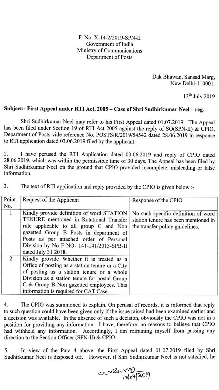 First Appeal under RTI Act, 2005 on STATION TENURE : Department of ...