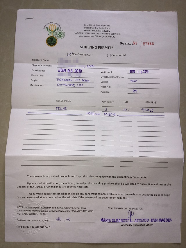 Local Shipping Permitの申請はオンライン必須なのか？-フィリピンから日本へ猫を輸入した体験記