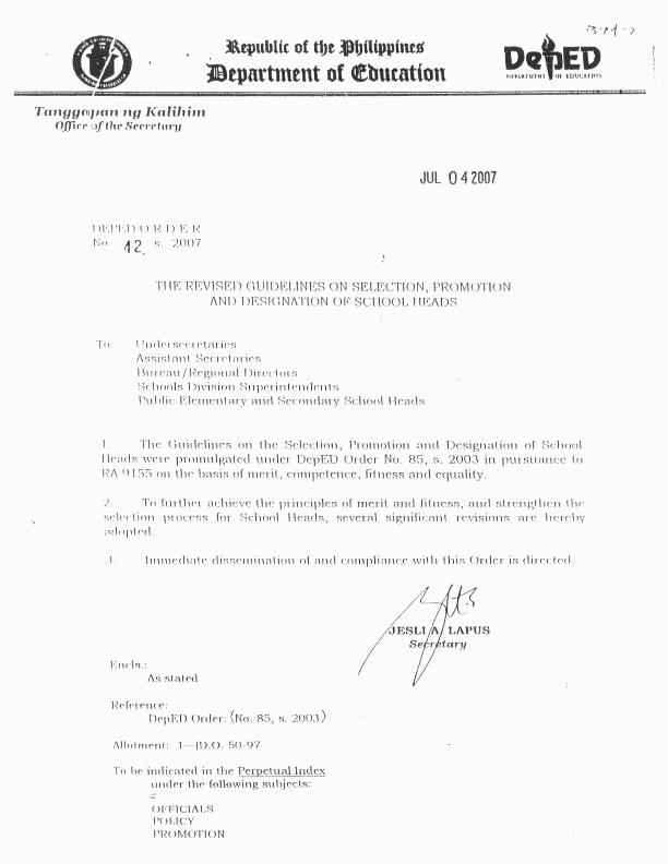 DepEd Memos, Orders & Results: Guidelines on Selection, Promotion and ...