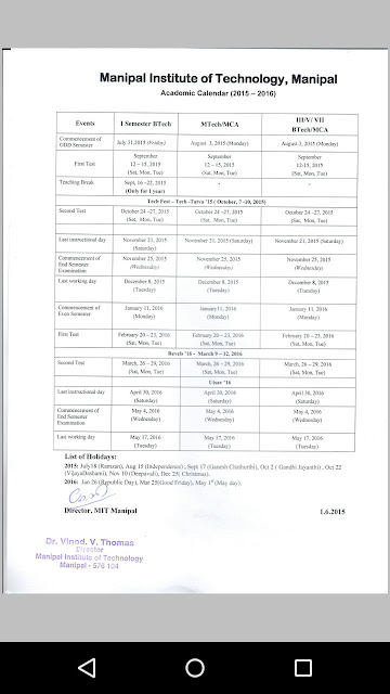 Manipal Institute Of Technology-ECE 2013-2017: Academic Calendar 2015-2016
