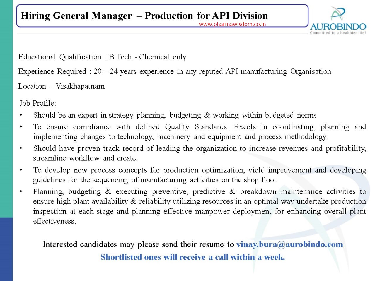 Hiring General Manager for API-Production team for Visakhapatnam ...