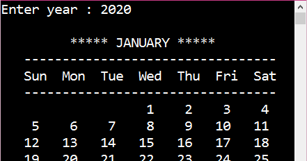 Print calendar for a given year in C and C++