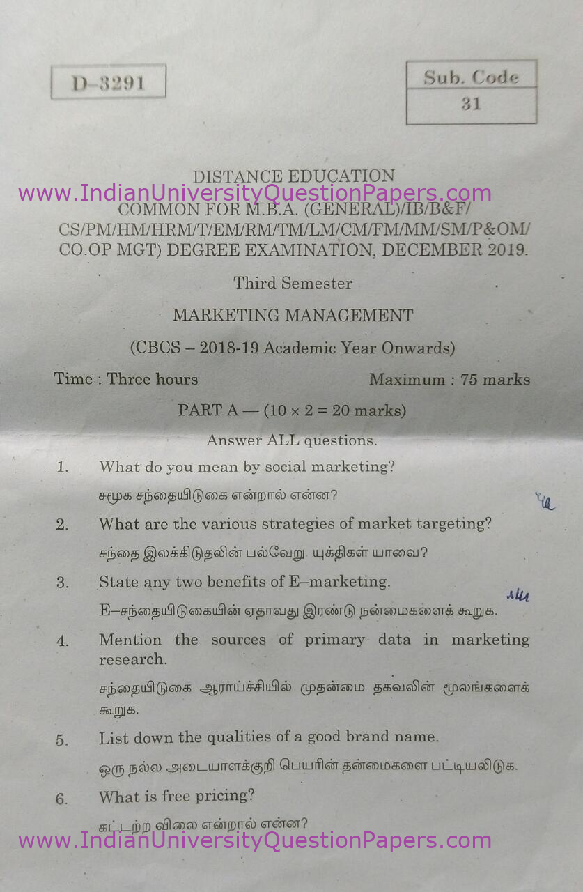 Alagappa University MBA Marketing Management December 2019 Question ...