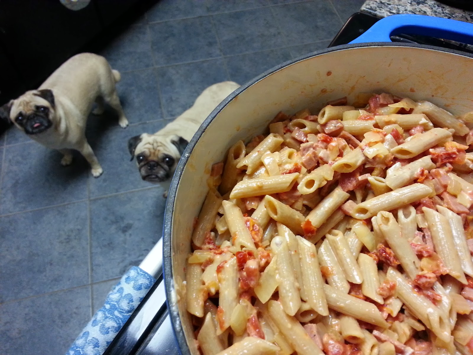 Grubbin' Pugs: Sun-dried Tomatoes, Bacon, and Goat Cheese Pasta