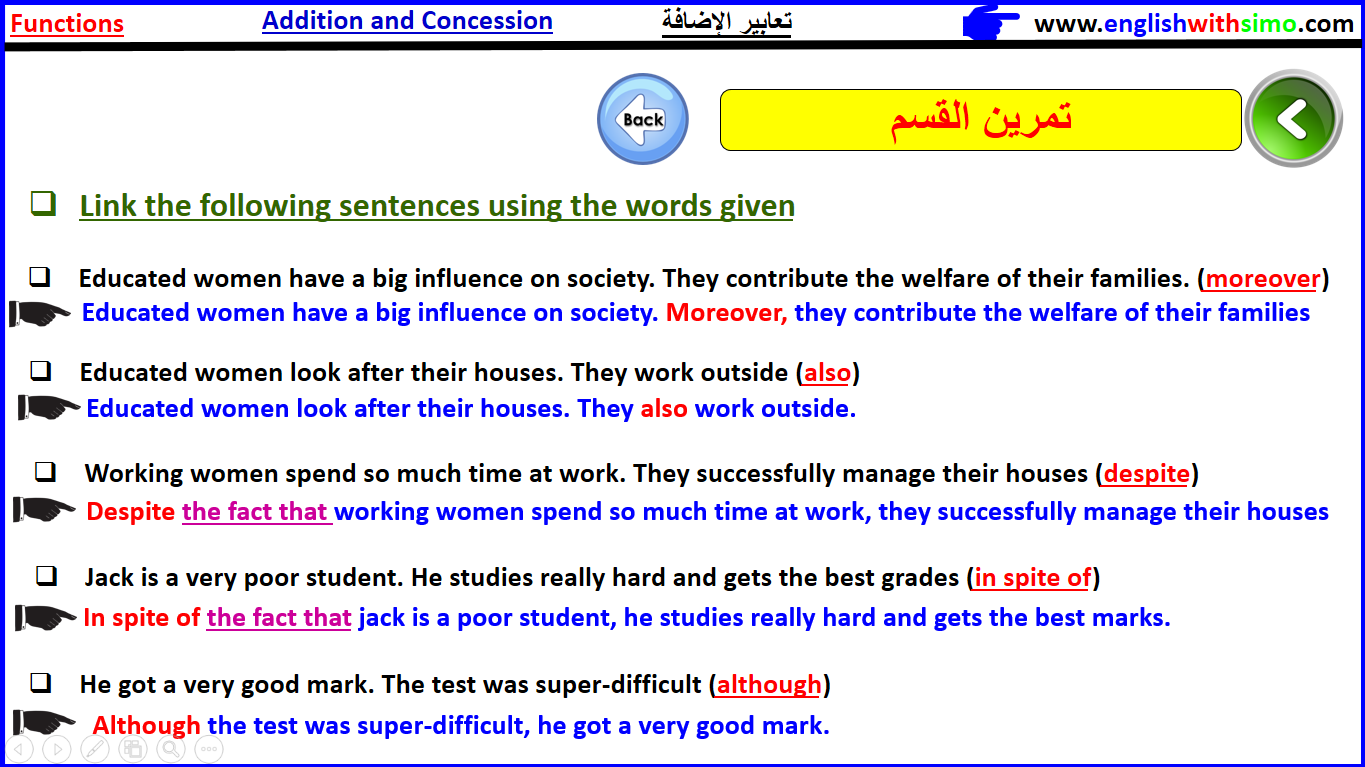 Expressing Addition and Concession أدوات الربط للثانية باكالوريا ...