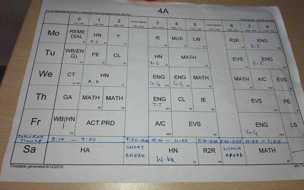 Updated Timetable of class 4A (to be followed by Monday)
