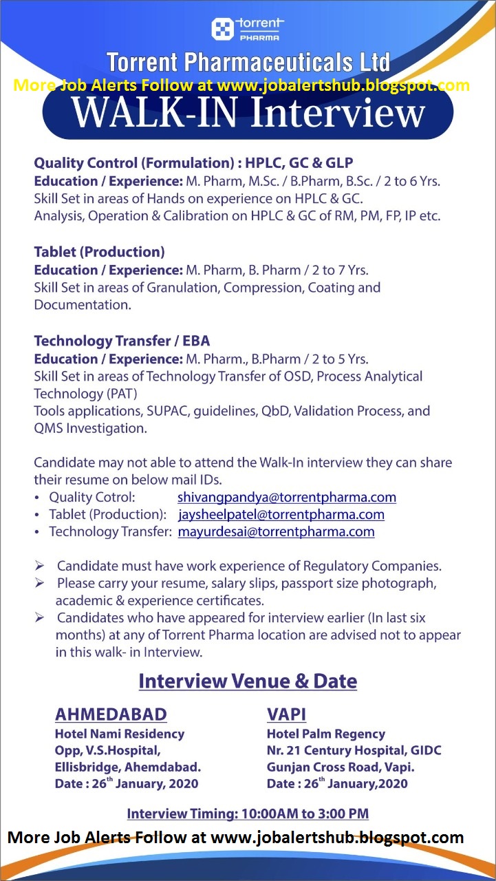 JOB ALERTS HUB: Torrent Pharmaceuticals - Walk-In Interview for QC ...