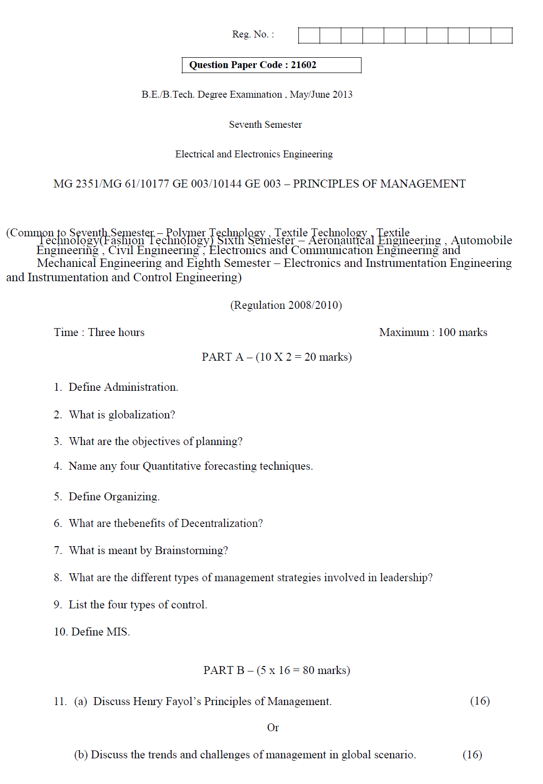 MG2351 - Principles of Management Anna University B.E EEE 07th Semester ...