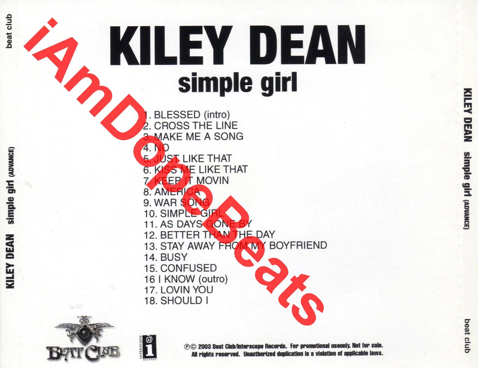 iAmDopeBeats Catalog: Kiley Dean - Simple Girl [Advance CDR Album]