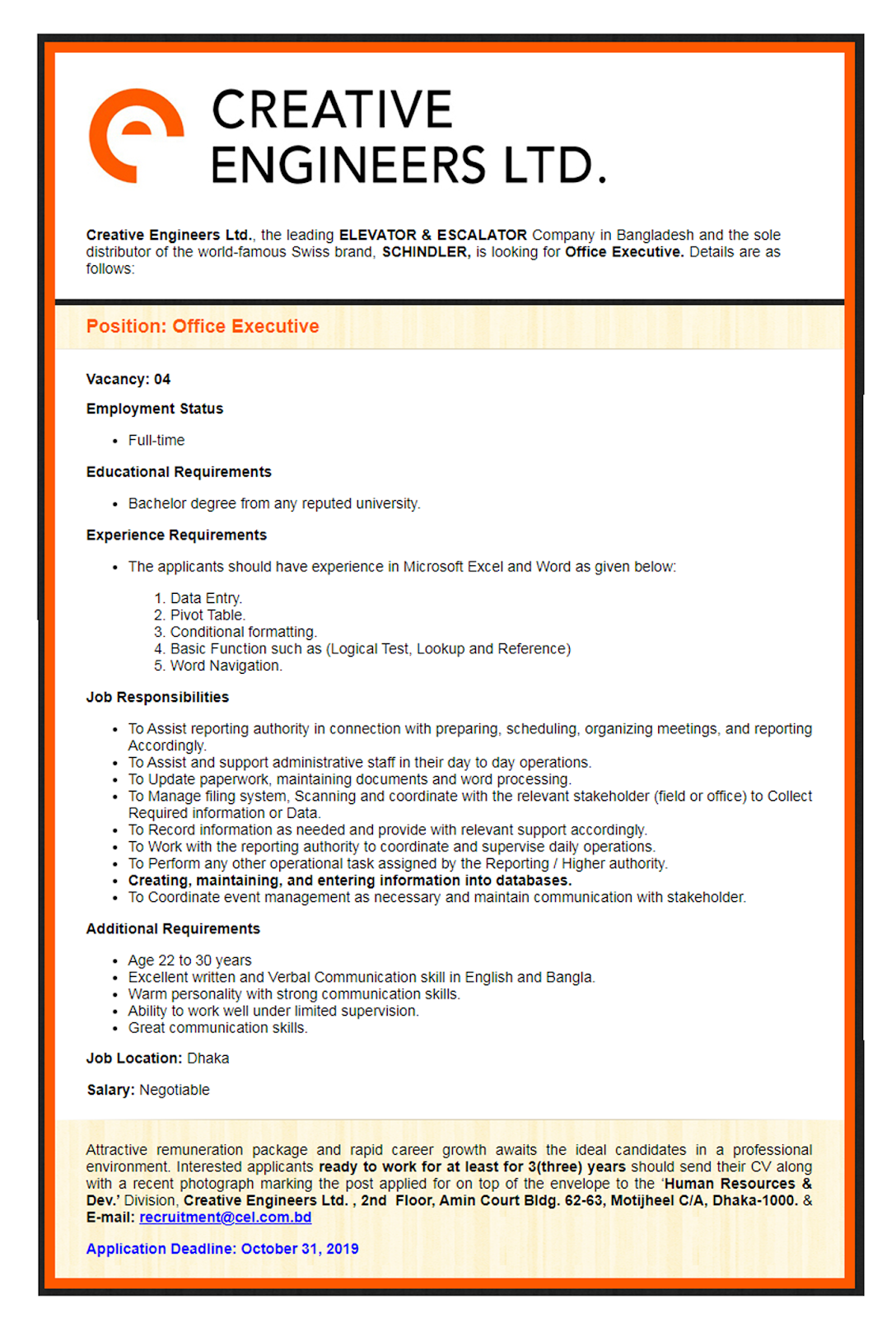 Creative Engineers Ltd. job circular 2019 - BD JOBS