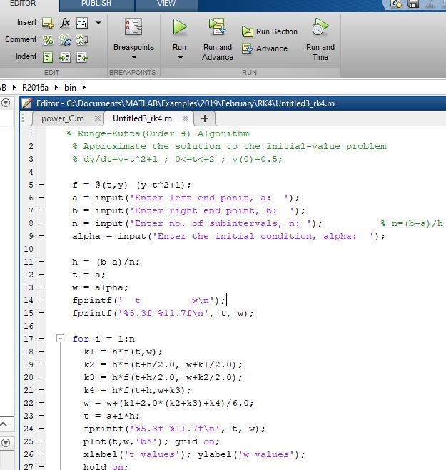 Runge-Kutta(Order 4) Algorithm using MATLAB (m-file) - MATLAB Programming