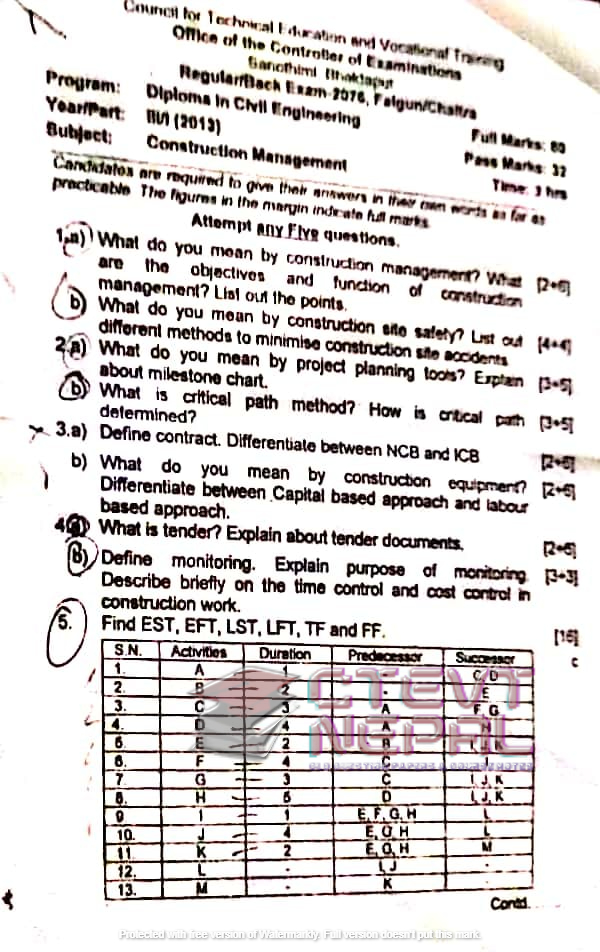 Construction Management - 5th Semester Question Papers Ctevt | Diploma