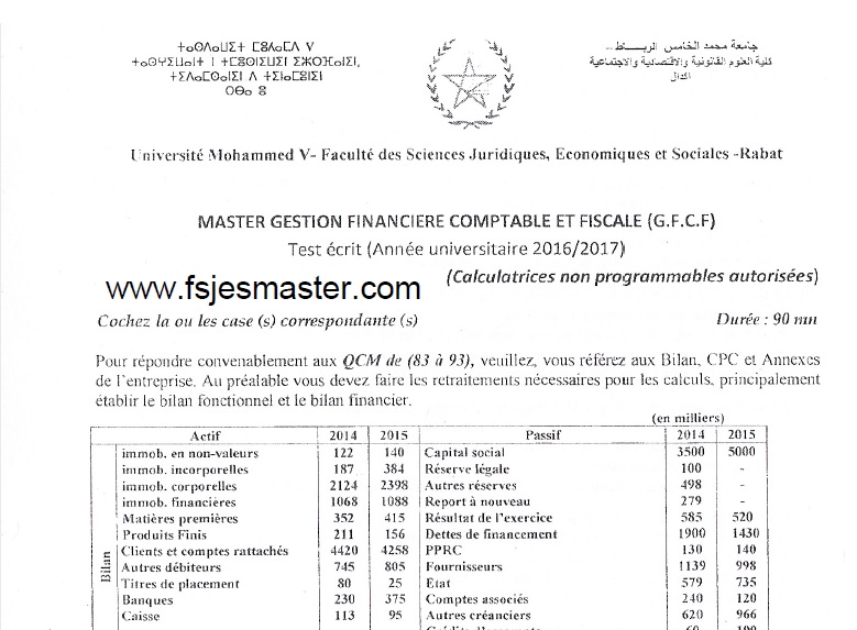 Exemple Concours Master Gestion Financière Comptable et Fiscale (GFCF ...