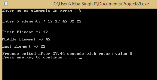 C Code 37 _ To Find the First , Last and Middle Elements in the given ...