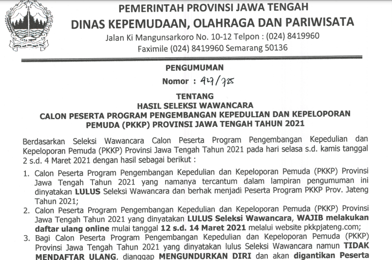 PENGUMUMAN LOLOS SELEKSI AKHIR PKKP 2021 DISPORAPAR JATENG | Semuanya Ajib PENGUMUMAN LOLOS SELEKSI AKHIR PKKP 2021 DISPORAPAR JATENG | Semuanya Ajib