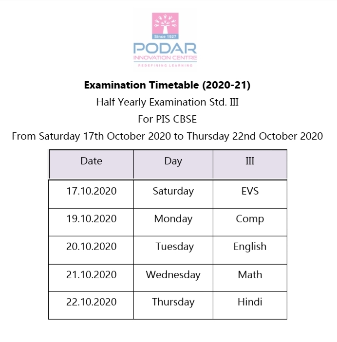 PIS BARODA STD-3: Half Yearly Examination Timetable(2020-2021)
