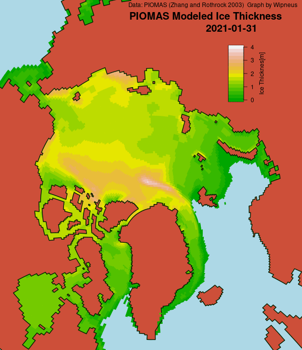 Arktyczny Lód: PIOMAS (luty 2021) - słaby efekt silnego zamarzania