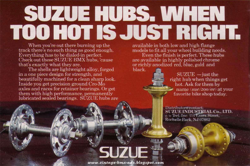 Vintage BMX Ads: SUZUE HUBS, WHEN TOO HOT IS JUST RIGHT.