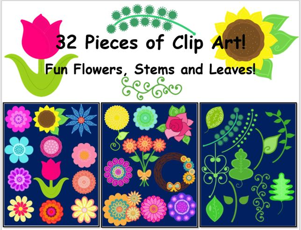 Fun Flowers, Stems and Leaves Clip Art
