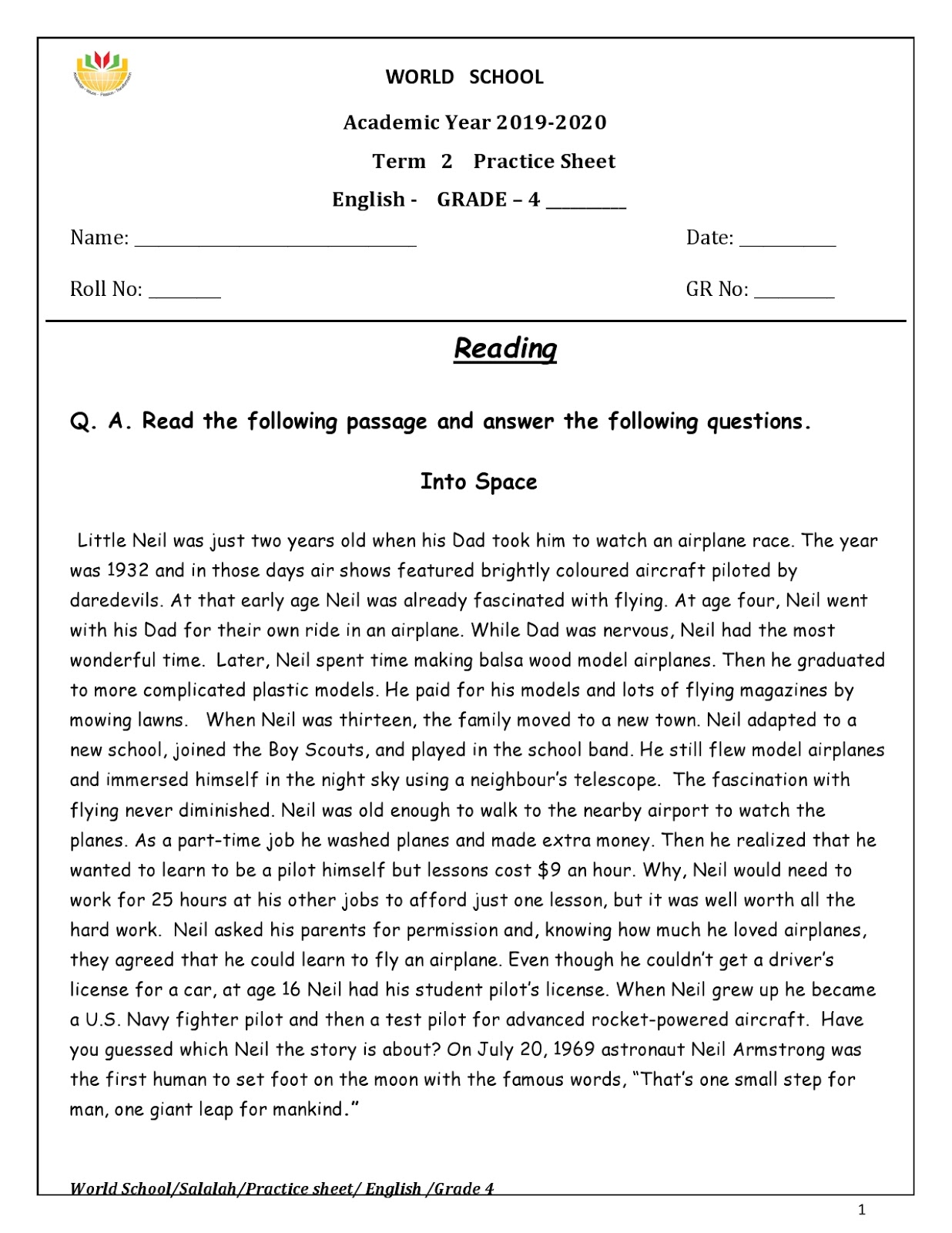 Birla World School Oman: Homework for Grade 4 as on 29/03/2020