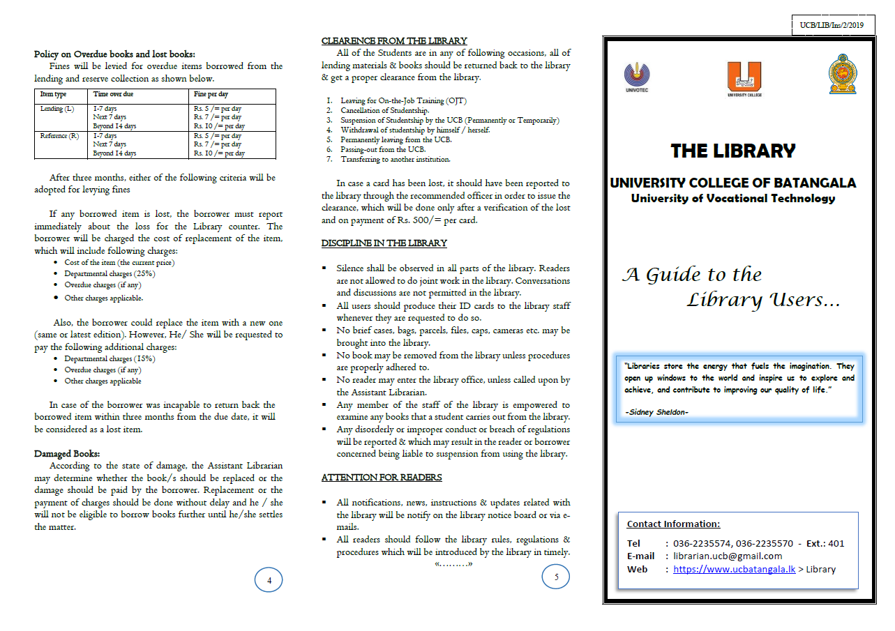 THE LIBRARY - UNIVERSITY COLLEGE OF BATANGALA: Library Procedures