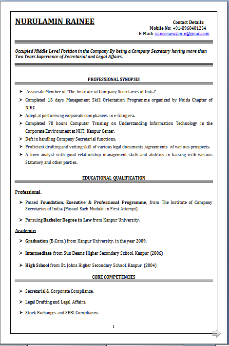 Company Secretary with LLB Resume