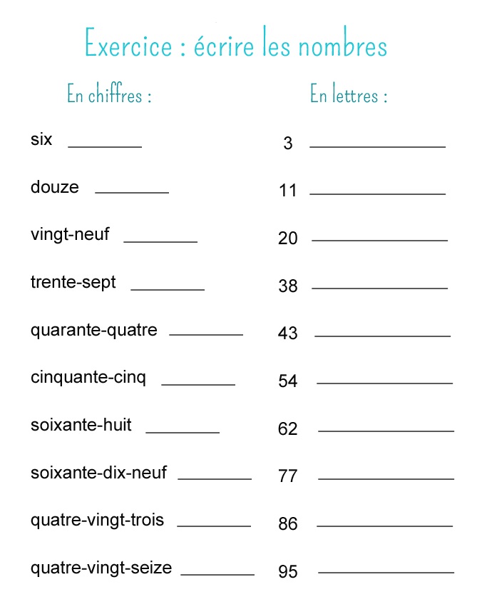 FLE Niveau 1: Les nombres (exercice)