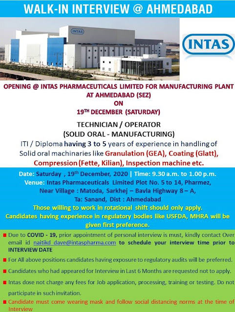 Intas Pharmaceuticals Ltd - Walk-In Interviews on 19th Dec' 2020 @ Ahmedabad - PHARMA WISDOM