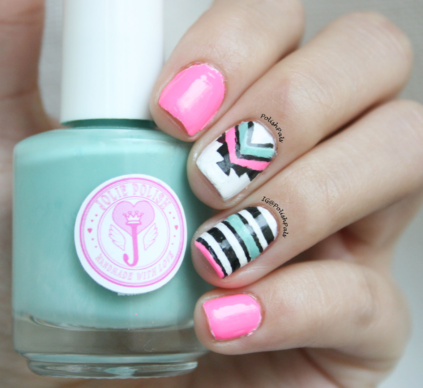 Polish Pals: Hot Pink & Green Tribal Aztec Nails