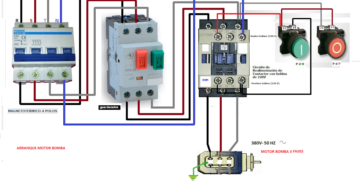 MOTOR BOMBA CON GUARDAMOTOR CONTACTOR Y MARCHA PARO ~ Esquemas eléctricos
