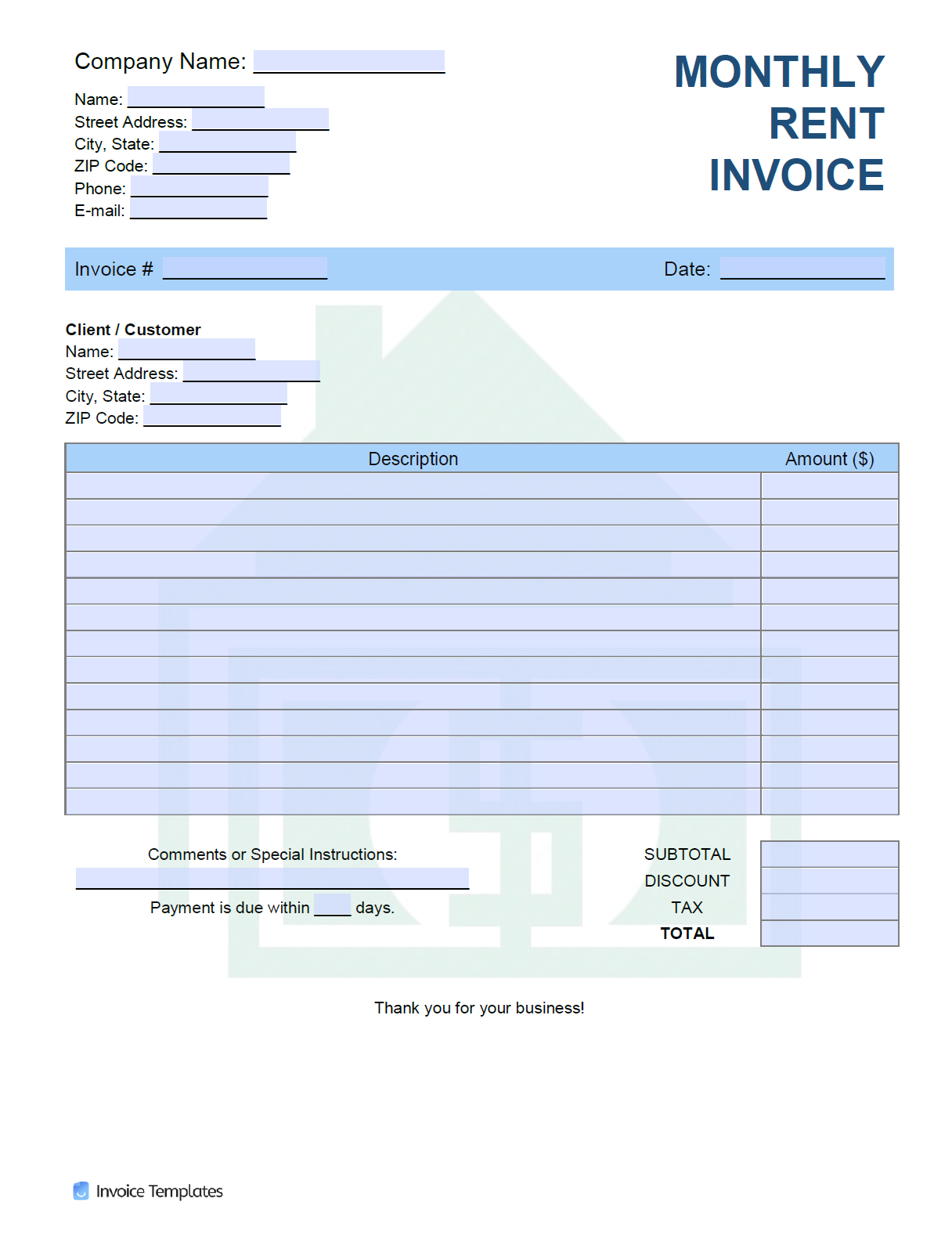Monthly Rent Invoice Template - Invoice Template