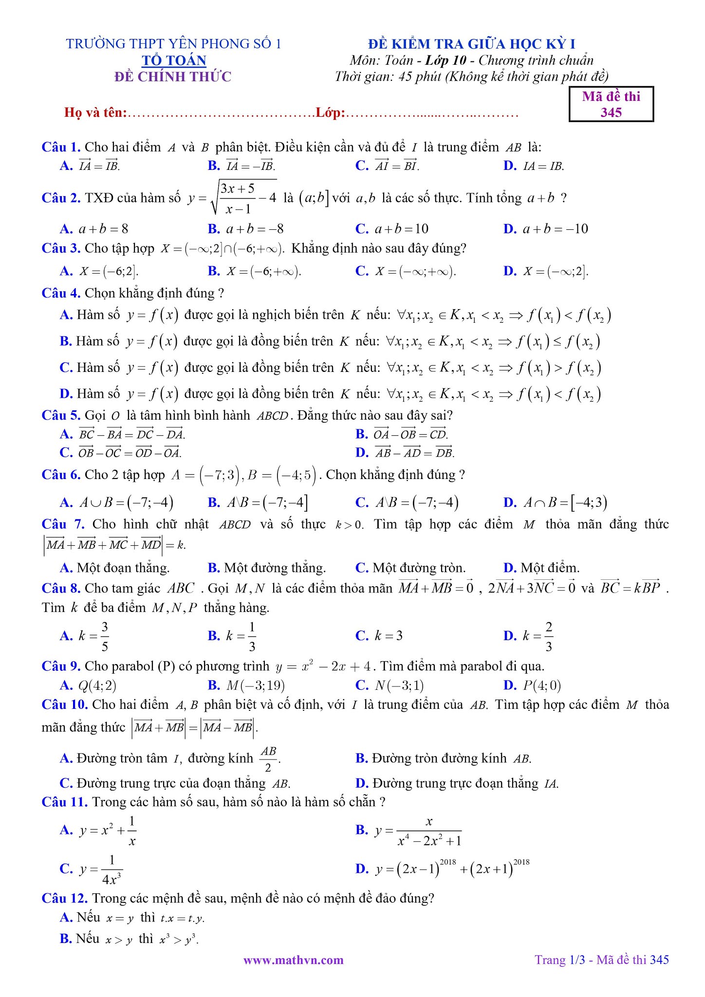 Đề Trắc Nghiệm Thi Giữa Kì 1 Toán 10 Có đáp án Mathvn Com