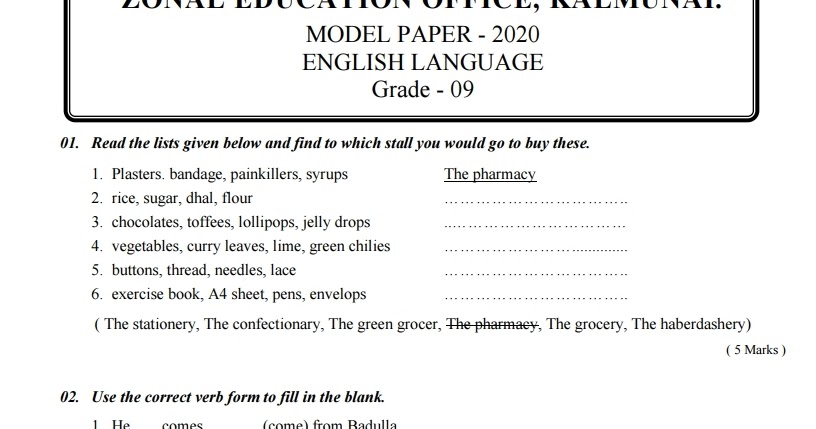 Grade 9 - English - Model paper -Kalmunai - 2020 - www.lkedu.lk