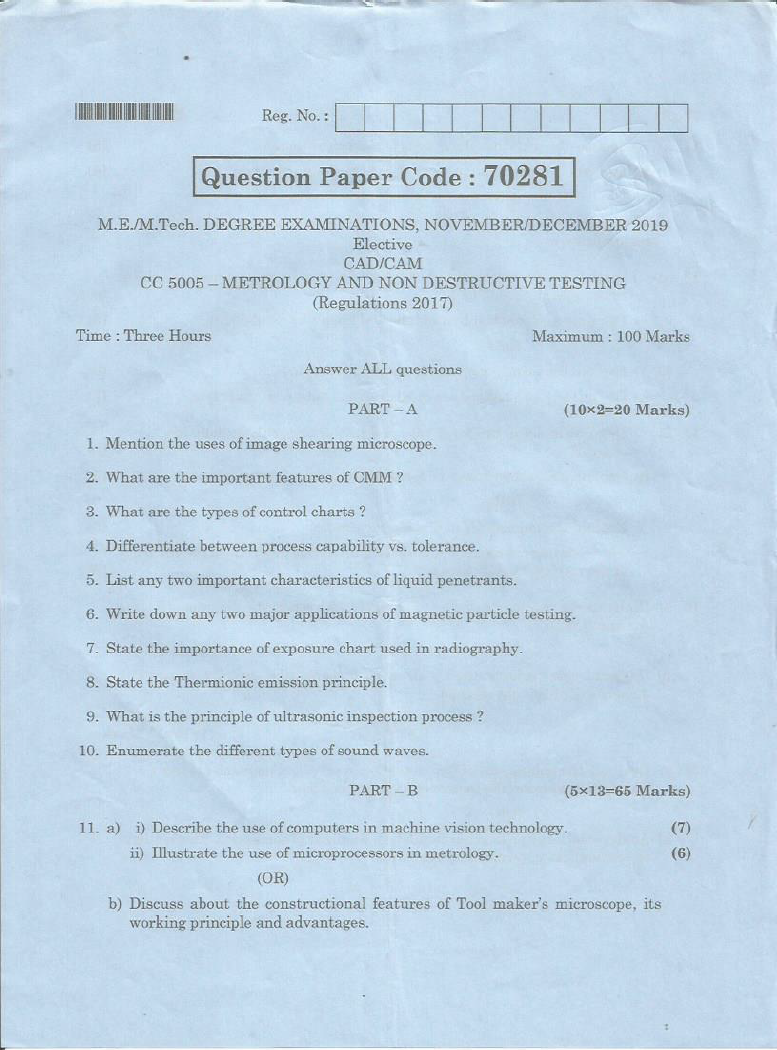 Anna University CC 5005-METROLOGY AND NON DESTRUCTIVE TESTING November ...