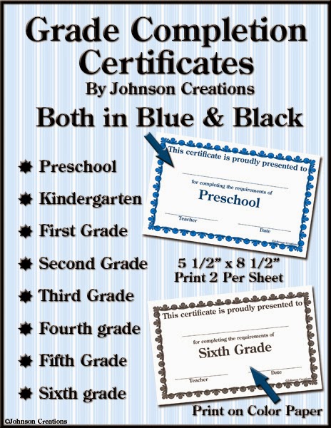 Johnson Creations: Grade Completion Certificates