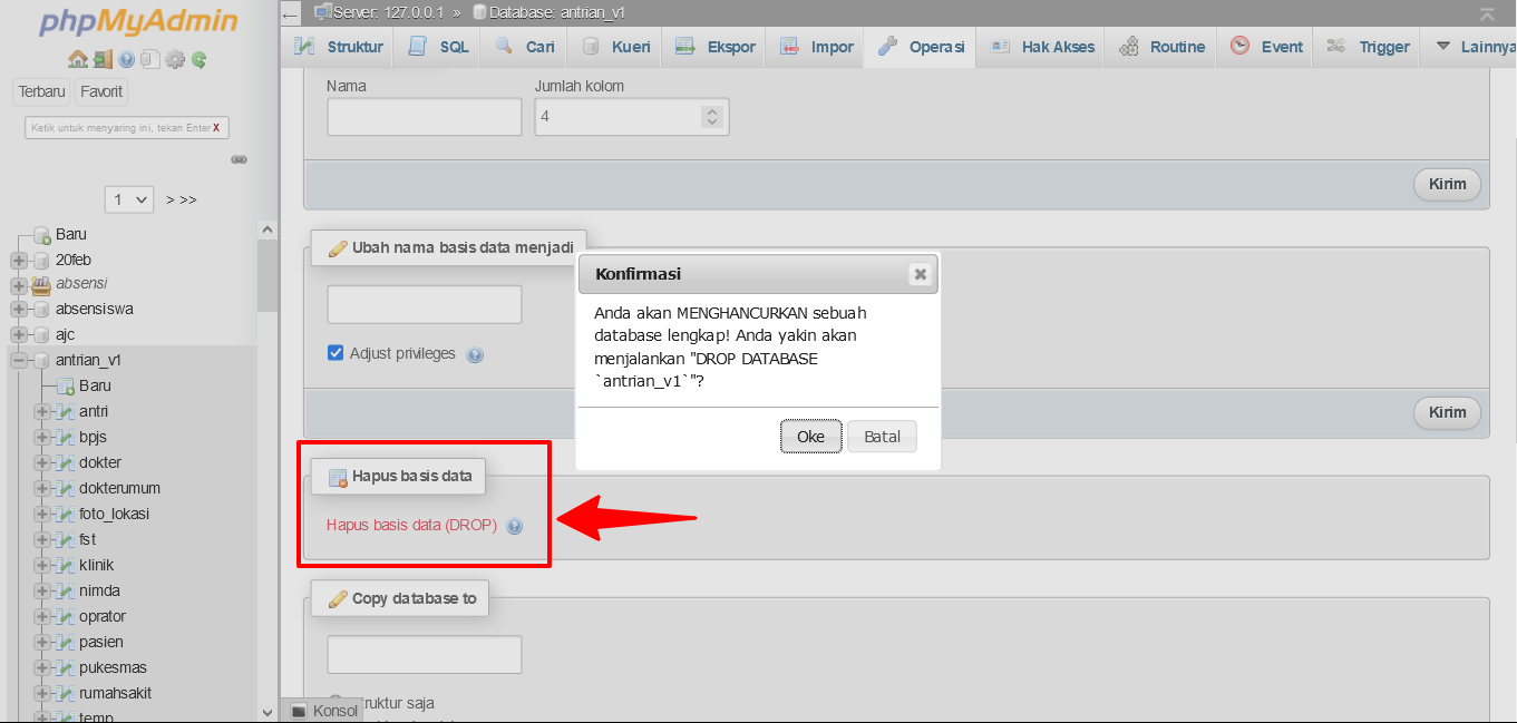 Cara Menghapus dan Mengaktifkan Perintah DROP DATABASE phpMyAdmin