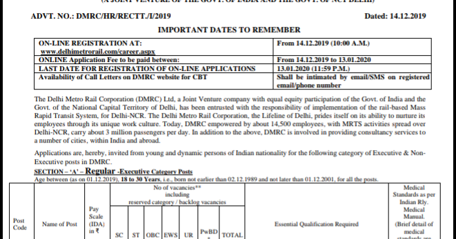 DMRC (DELHI METRO) J.E,A.E,MAINTAINER RECRUITMENT 2019 NOTIFICATION OUT ...