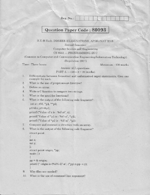 Anna University CS 8251 Programming In C April/May 2019 Question Paper ...