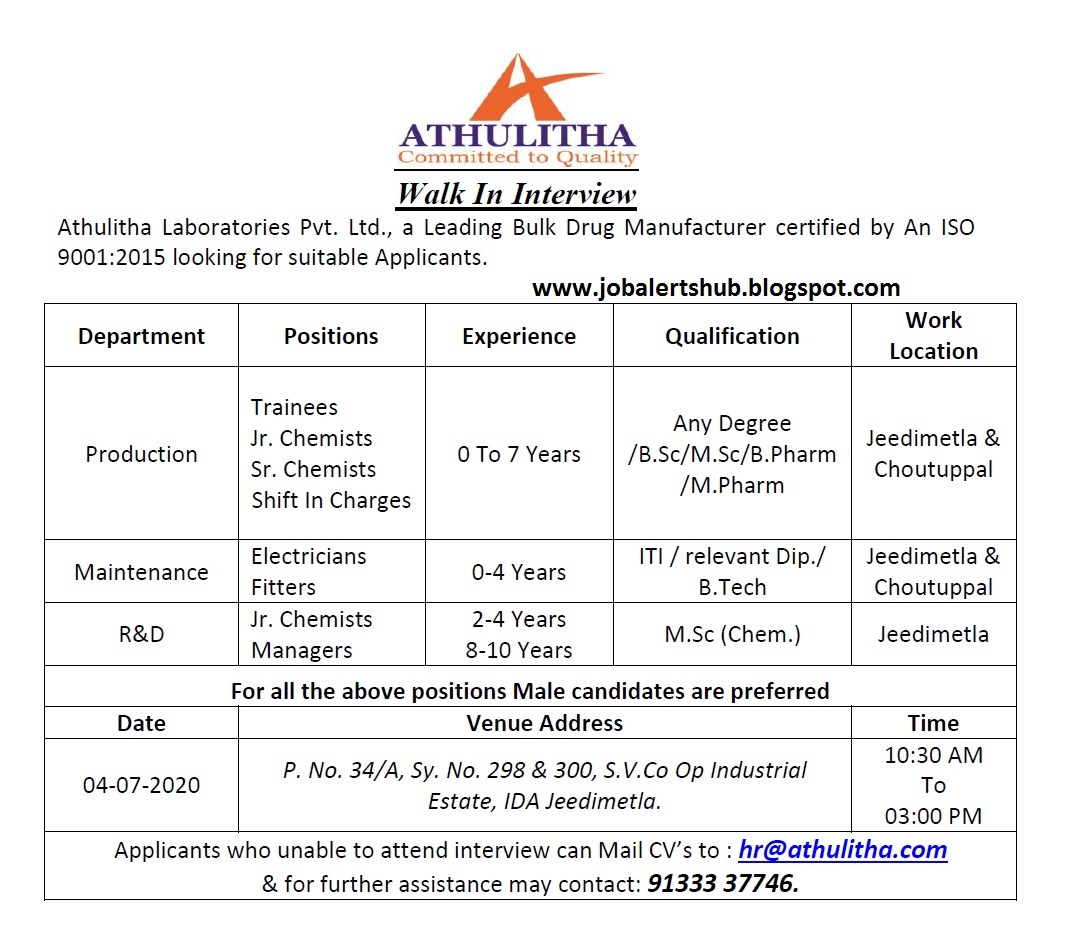 Walk-In Interviews for Freshers & Experienced in Production | R&D | Maintenance on 4th July ...